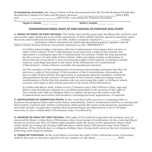 Rider to Contract of Sale: Right of first refusal | PDF