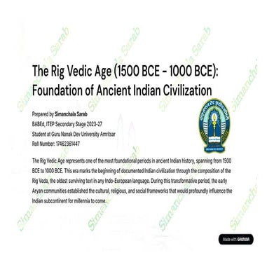 Rig Vedic Age (1500–1000 BCE) PPT by Simanchala Sarab | PDF