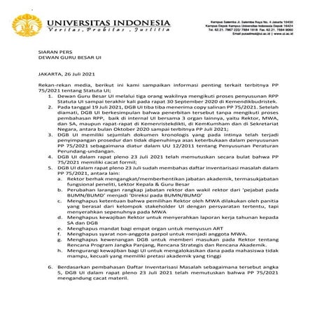 Rilis Dewan Guru Besar UI soal Statuta UI | PDF