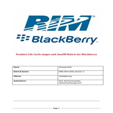 Blackberry- Product Life Cycle & Ansoff Matrix | PDF