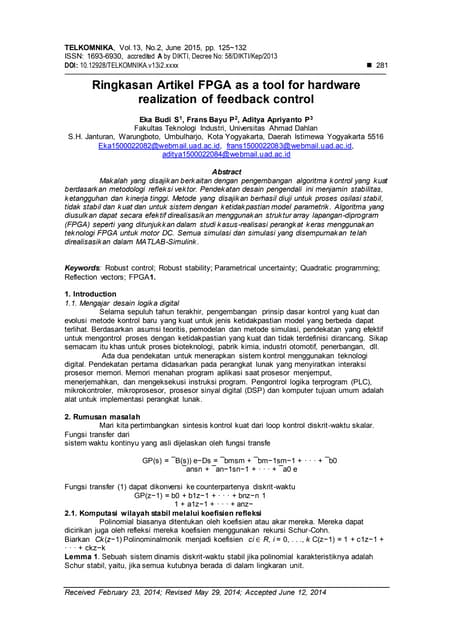 Ringkasan Artikel Fpga As A Tool For Hardware Realization Of Feedback Control Pdf