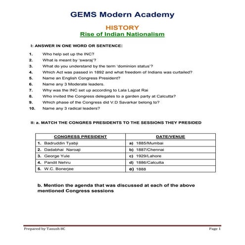 Rise of indian nationalism GREAT FOR STUDENTS OF GRADE 9 WORKSHEET AND ...