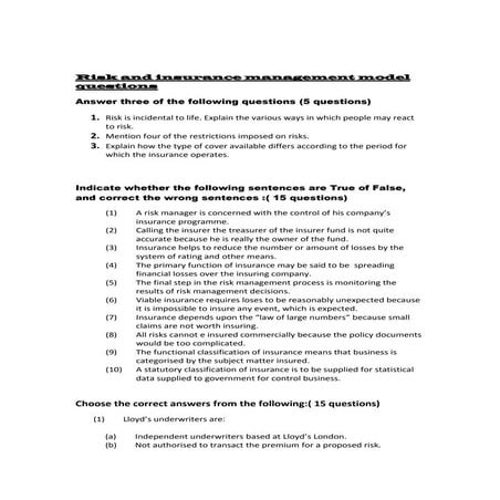Risk and insurance management model questions | DOCX
