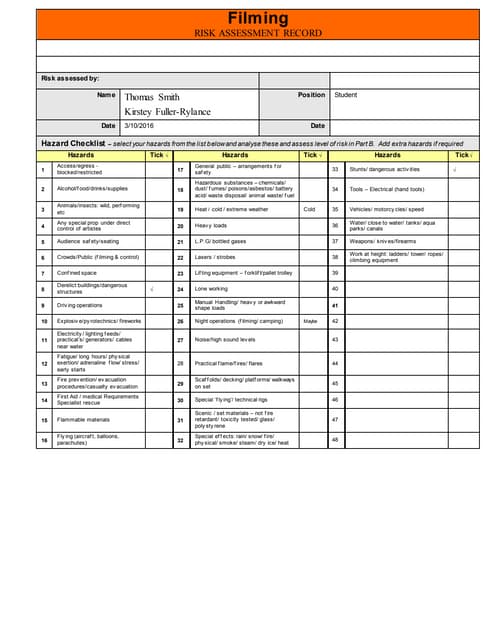 Filming Risk Assessment | DOCX | Death, Injury, or Military Conflict ...