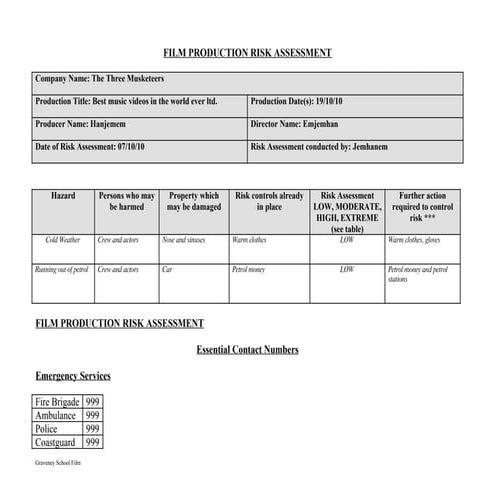 Film production risk assessment form | DOC