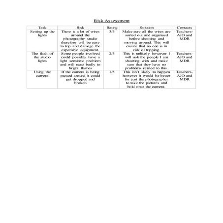 Risk assessment | DOCX | Photography | Arts and Crafts
