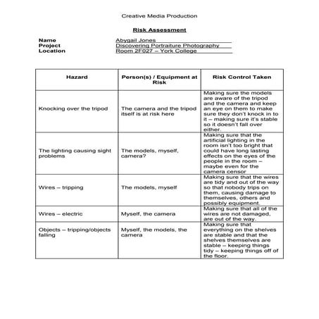 Risk assessment - room 2F067 | DOCX | Photography | Arts and Crafts
