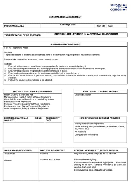 Classroom Instruction Risk Assessment | DOCX