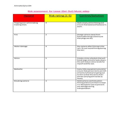 Risk assessment for music video | DOCX
