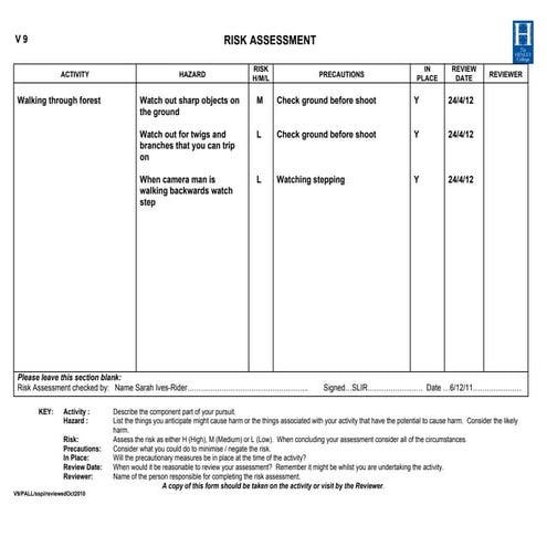 Risk assessment form - Working to a brief | DOC