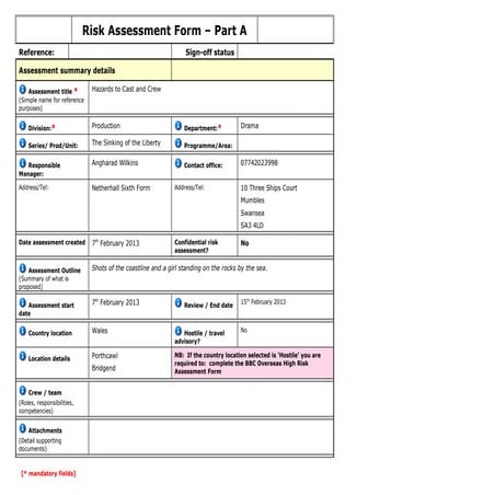 Risk Assessment Form draft 1 | DOC