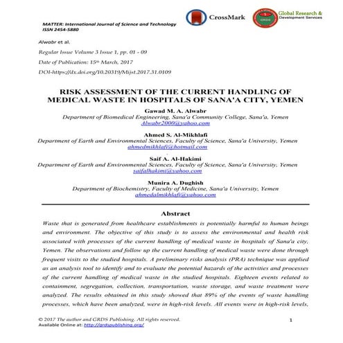 RISK ASSESSMENT OF THE CURRENT HANDLING OF MEDICAL WASTE Dr. Gawad ...