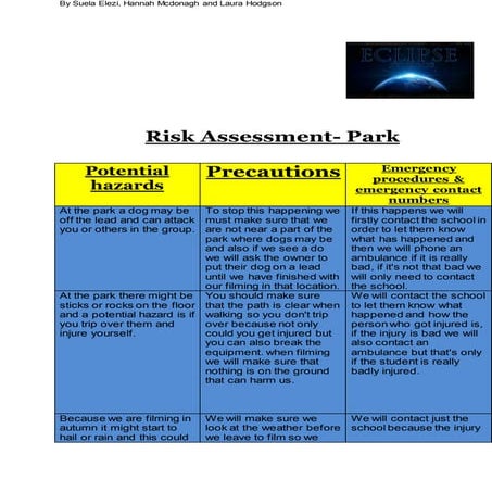 Risk assessment park fairlop waters | DOCX