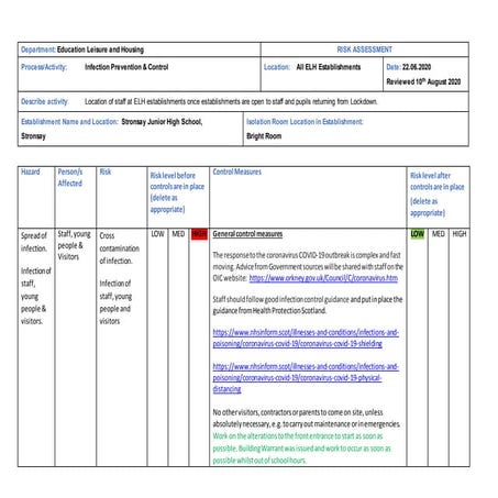 Risk assessment pupil return stronsay school final version 9th august ...