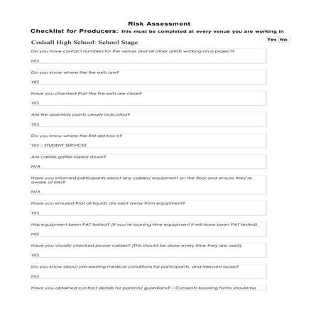 Risk assessment school stage | DOC | First Aid | Injuries