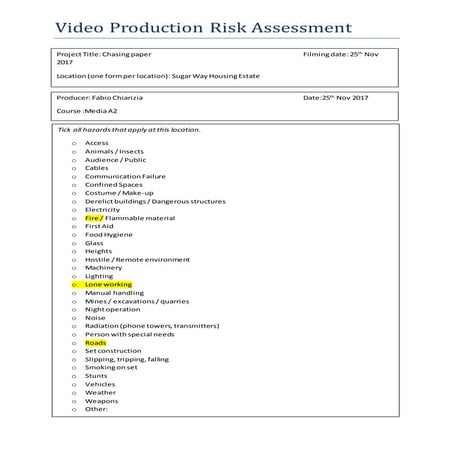 Green screen room video production risk assessment unfinished | DOCX