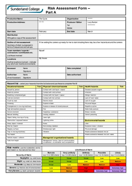 Filming Risk Assessment | DOCX | Death, Injury, or Military Conflict ...