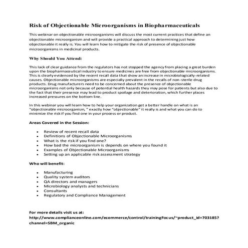Risk of objectionable microorganisms in biopharmaceuticals | PDF