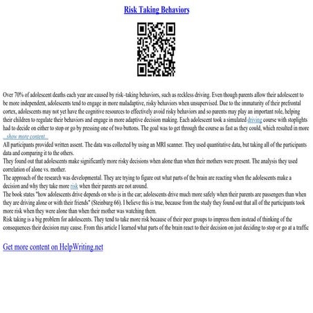 Risk Taking Behaviors | PDF