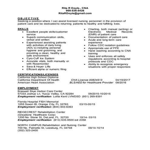Rita R Doyle CNA resume 06 25 2016 | PDF