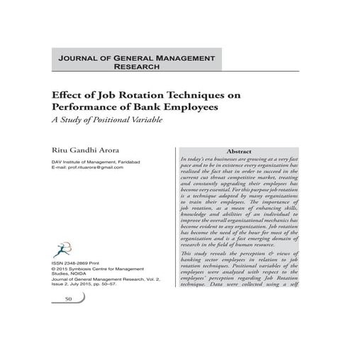 Effect of Job Rotation Techniques on Performance of Bank Employees - A ...
