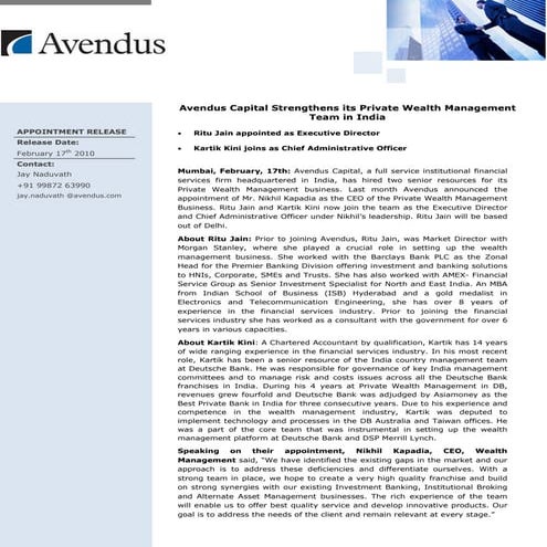 Avendus Capital Strengthens its Private Wealth Management Team in India ...