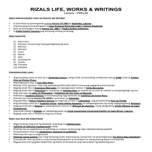 Rizal's Life, Works, and Writings (PRELIM) | DOCX