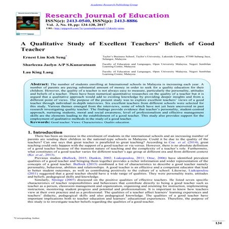 A Qualitative Study of Excellent Teacher,s Beliefs of Good Teacher | PDF
