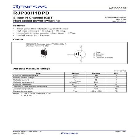 Original IGBT N-CHANNEL RJP30H1 30H1 360V 30A TO-252 New | PDF