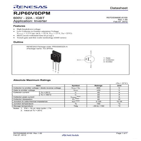Original IGBT RJP60V0 600V 22A TO-3P New | PDF