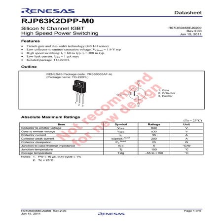 Original N-Channel IGBT RJP63K2 63K2 TO-220F New Renesas | PDF