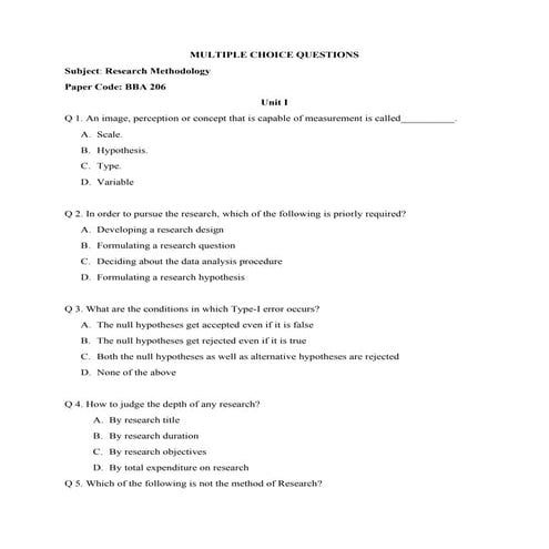 MCQ for Research and methodology mcqs with answersy | PDF