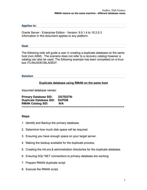 Rman Duplicate Database On The Same Host1 Doc