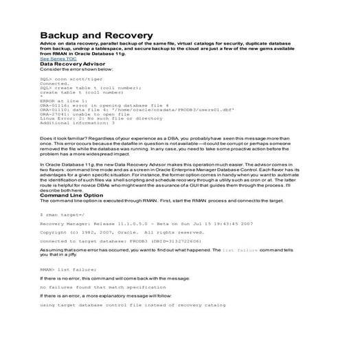 Rman backup and recovery 11g new features | DOCX | Databases | Computer Software and Applications