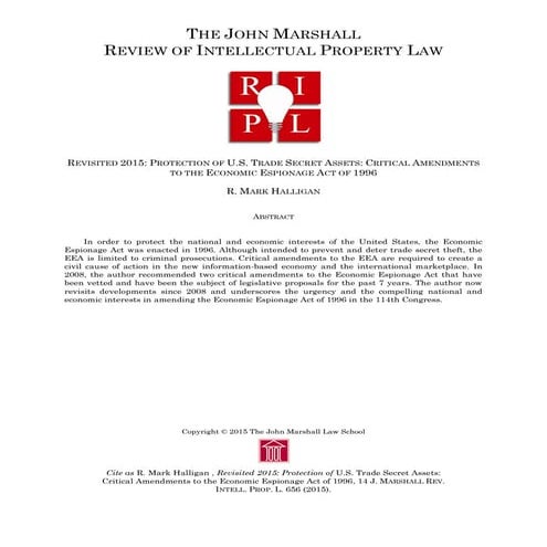 R. MARK HALLIGAN- REVIEW OF INTELLECTUAL PROPERTY LAW | PDF