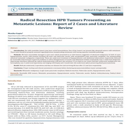 Radical Resection HPB Tumors Presenting as Metastatic Lesions: Report of 2 Cases and Literature ...