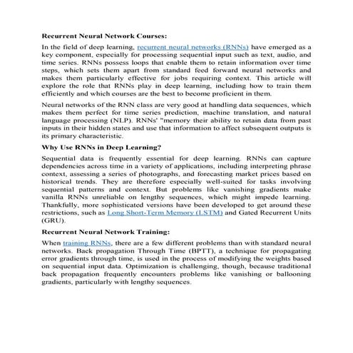 Recurrent Neural Network Courses for learners | PDF