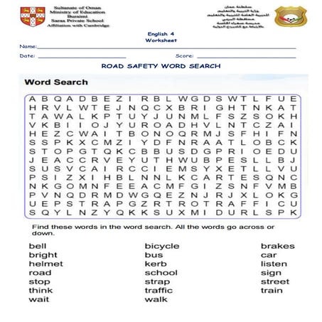 Road Safety word search worksheet | DOCX | Rail Travel | Travel Type