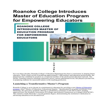 Roanoke College Introduces Master of Education Program for Empowering ...