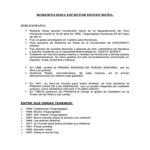 Roberto sosa escritor hondureño | DOCX
