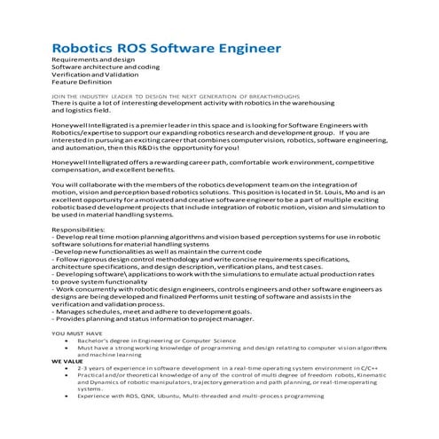 Robotics ros software engineer jd | PDF