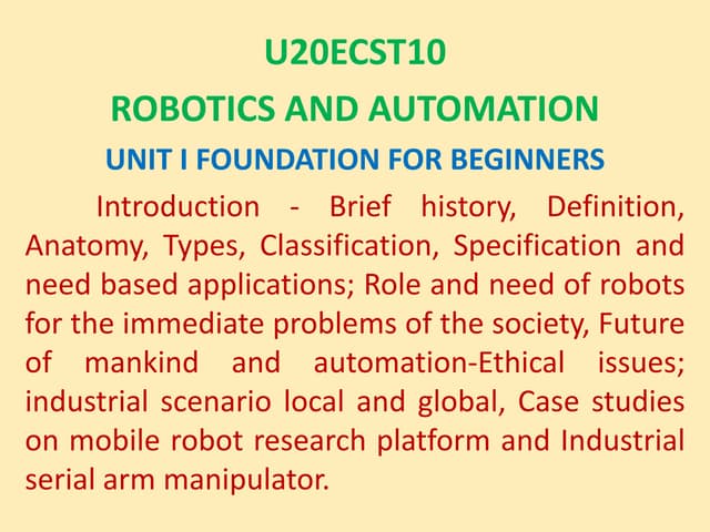 Robotica And Automation Robotics Introduction Ppt