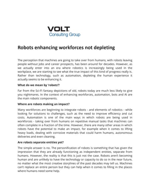 Robots Enhancing Workforces Not Depleting Volt Consulting Group Pdf