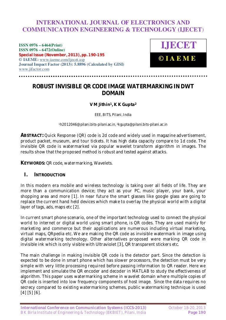 Robust Invisible Qr Code Image Watermarking In Dwt 