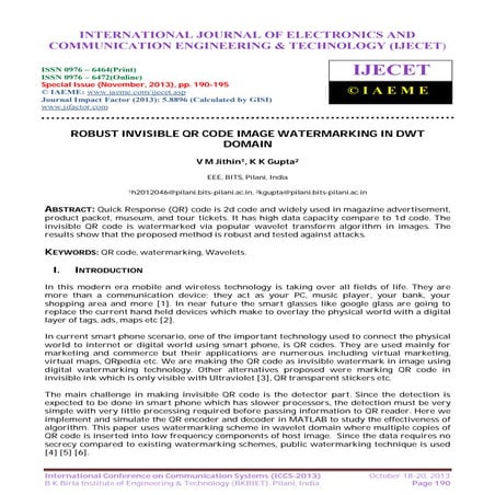 Robust Invisible Qr Code Image Watermarking In Dwt Pdf