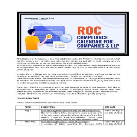 ROC COMPLIANCE CALENDAR FOR COMPANIES AND LLP | PDF