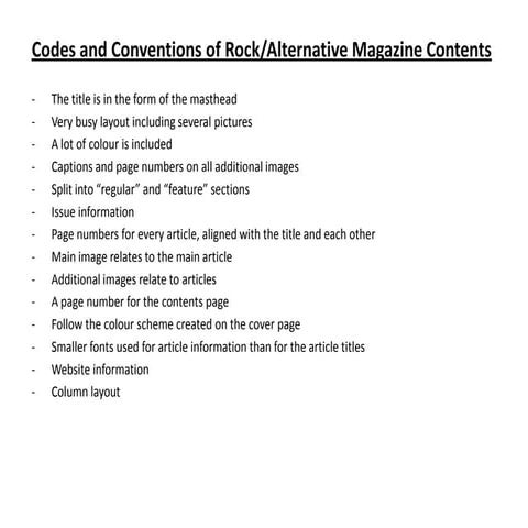 Rock alternative code and conventions of magazine contents | PPT