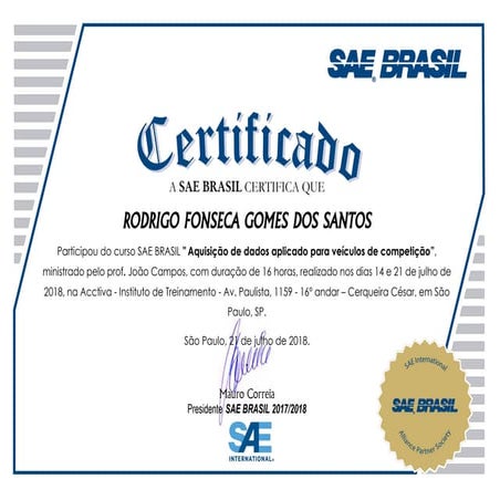 Certificate - Data Acquisition applied to competition vehicles - SAE | PDF