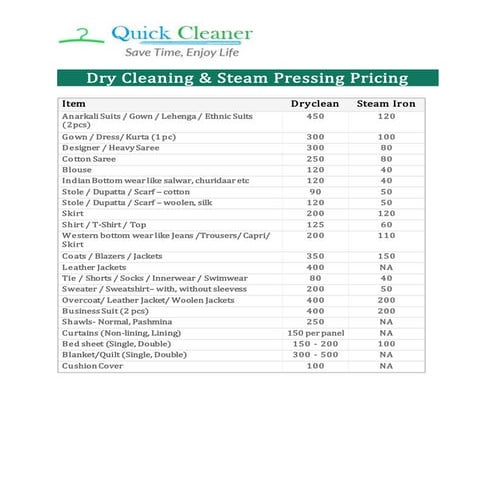 Dry-cleaning prices - Quick Cleaner - 9717681153 | DOCX