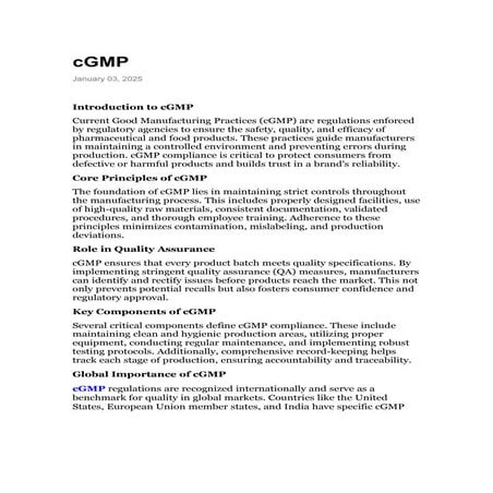 cGMP (Current Good Manufacturing Practices) : From Evolution to Implementation | PPTX